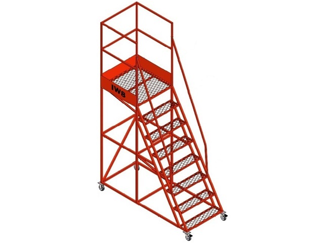 Escada Plataforma 7 Degraus de Ferro com Rodas e Guarda Corpo